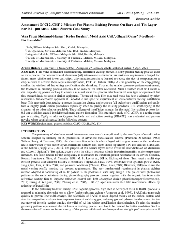 (PDF) Assessment Of Cl 2 /CHF 3 Mixture For Plasma Etching Process On Barc And Tin Layer For 0. ...