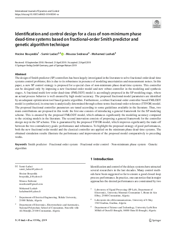 Pdf Identification And Control Design For A Class Of Non Minimum Phase Dead Time Systems Based