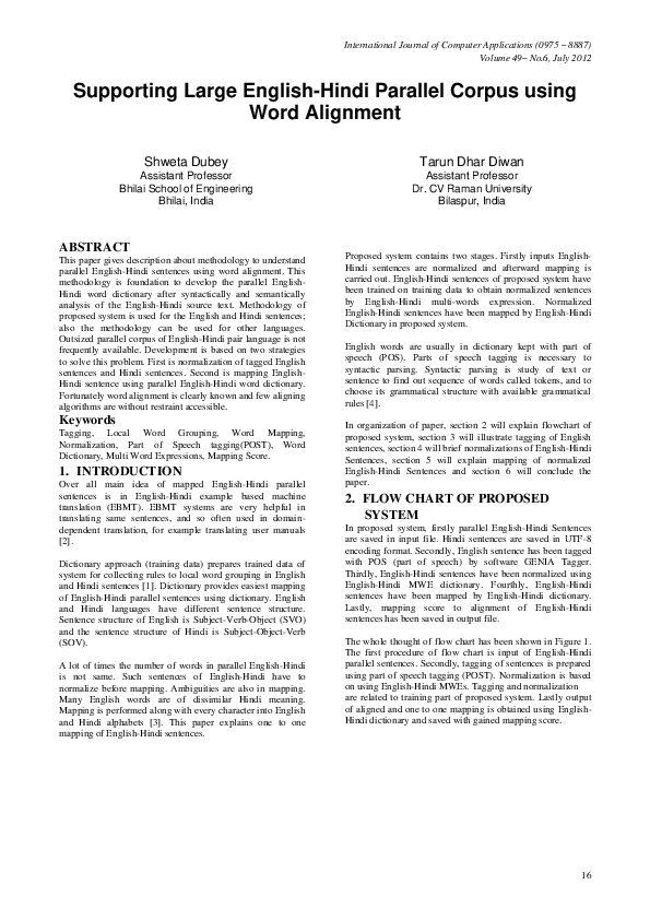 (PDF) Supporting Large English-Hindi Parallel Corpus using Word Alignment