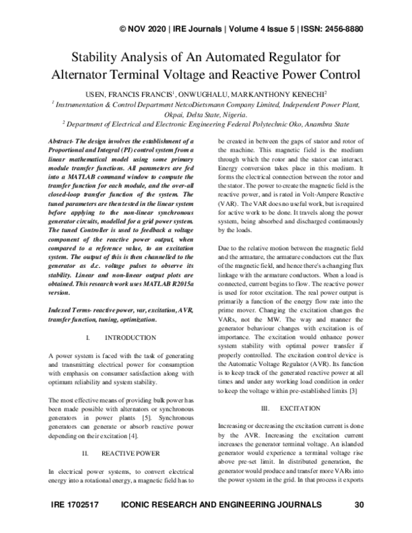 (PDF) Stability Analysis of An Automated Regulator for Alternator Terminal Voltage and Reactive ...