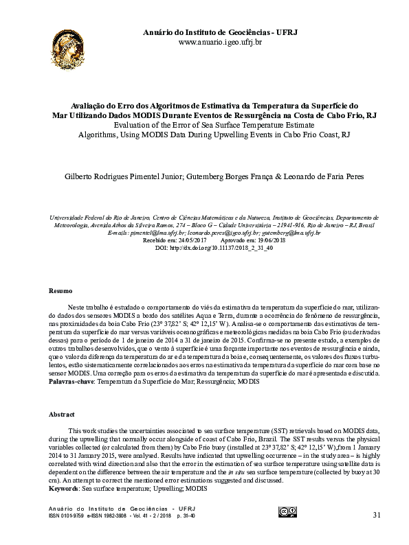 Pdf Evaluation Of The Error Of Sea Surface Temperature Estimate Algorithms Using Modis Data