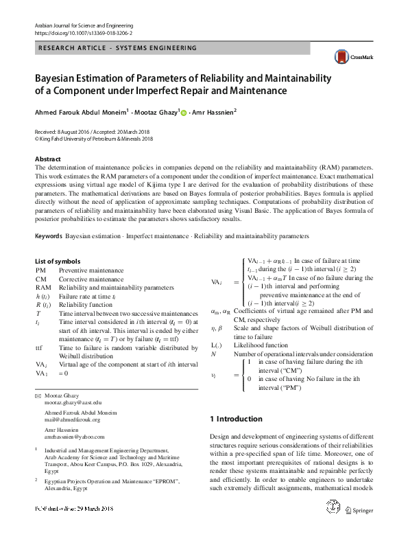 (PDF) Bayesian Estimation of Parameters of Reliability and Maintainability of a Component under ...