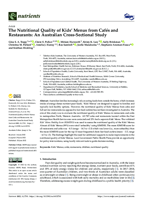 (PDF) The Nutritional Quality of Kids’ Menus from Cafés and Restaurants ...