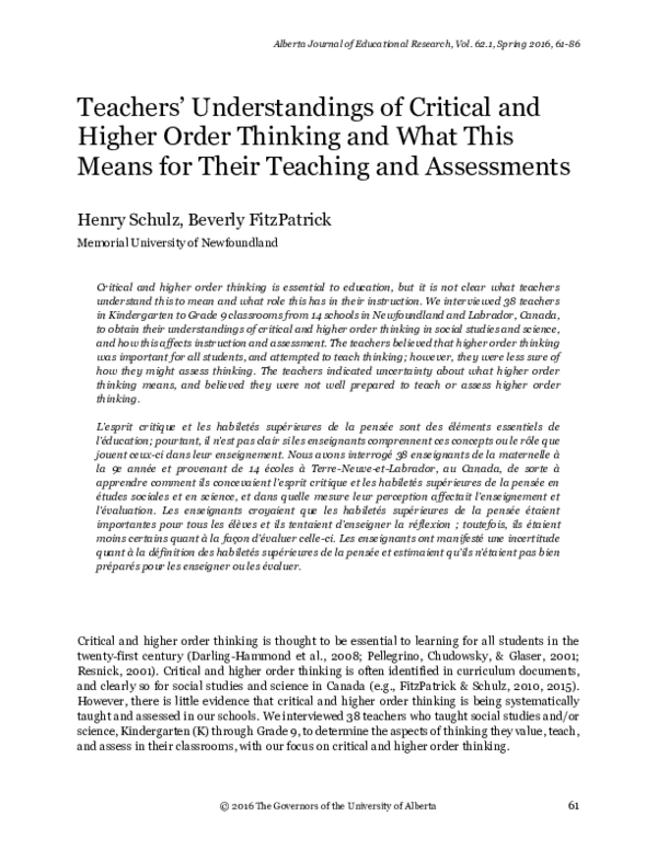 (PDF) Teachers' Understandings of Critical and Higher Order Thinking ...