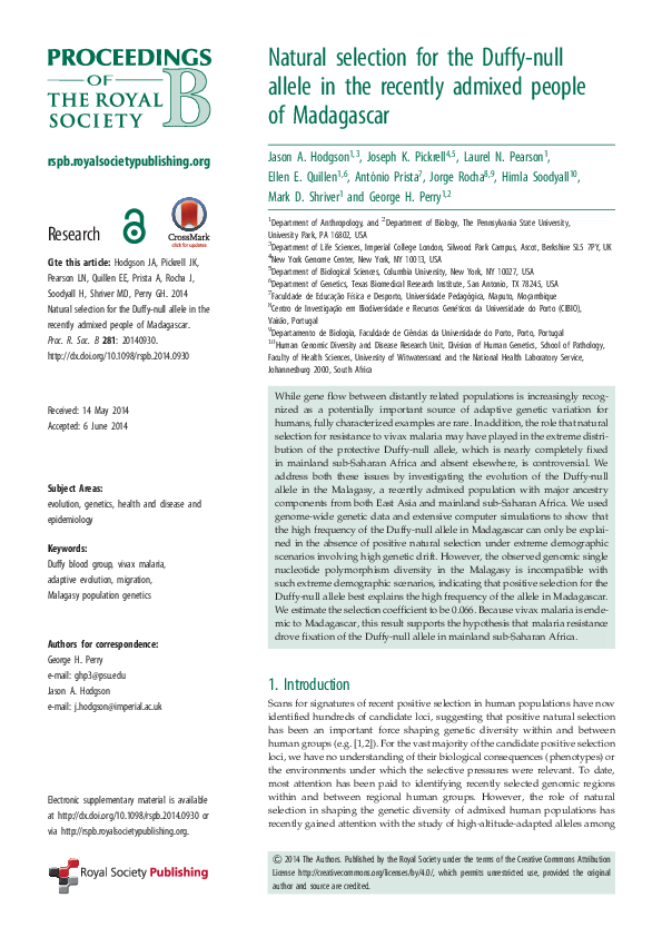 (PDF) Natural selection for the Duffy-null allele in the recently ...