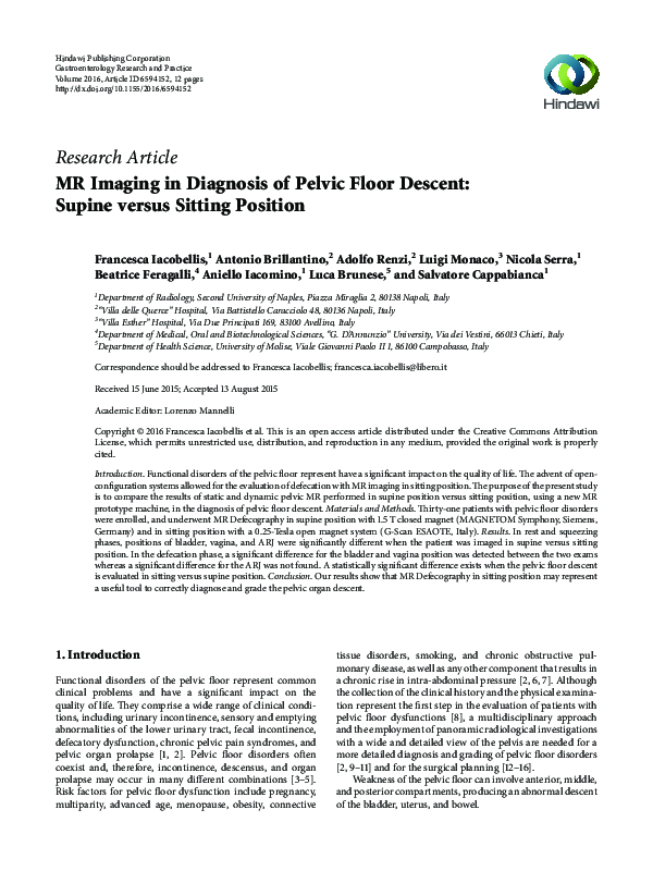 (PDF) MR Imaging in Diagnosis of Pelvic Floor Descent: Supine versus ...