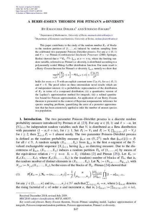 (PDF) A Berry–Esseen Theorem for Pitman’s Α-Diversity