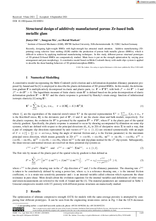 (PDF) Structural design of additively manufactured porous Zr‐based bulk metallic glass