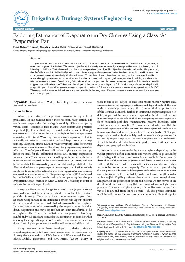 Pdf Exploring Estimation Of Evaporation In Dry Climates Using A Class A Evaporation Pan