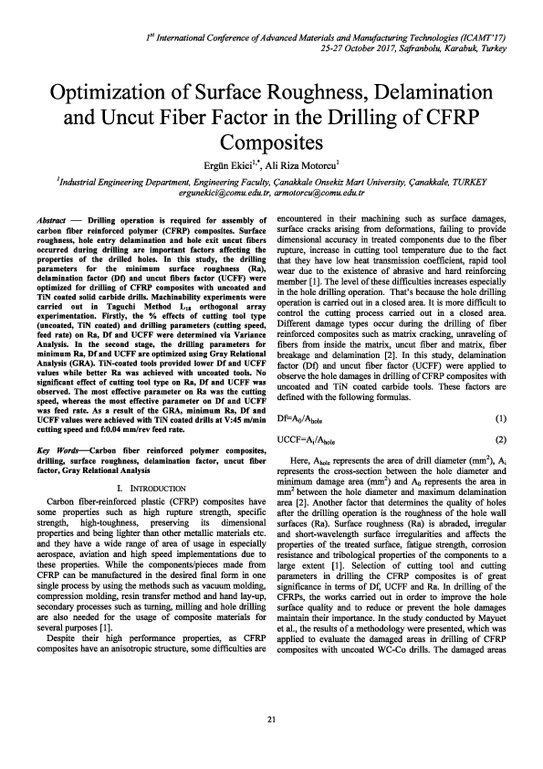(PDF) Optimization of Surface Roughness, Delamination and Uncut Fiber Factor in the Drilling of ...