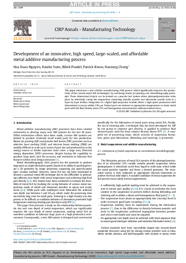 (PDF) Development of an innovative, high speed, large-scaled, and affordable metal additive ...