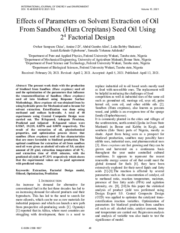 (PDF) Effects of Parameters on Solvent Extraction of Oil From Sandbox (Hura Crepitans) Seed Oil ...