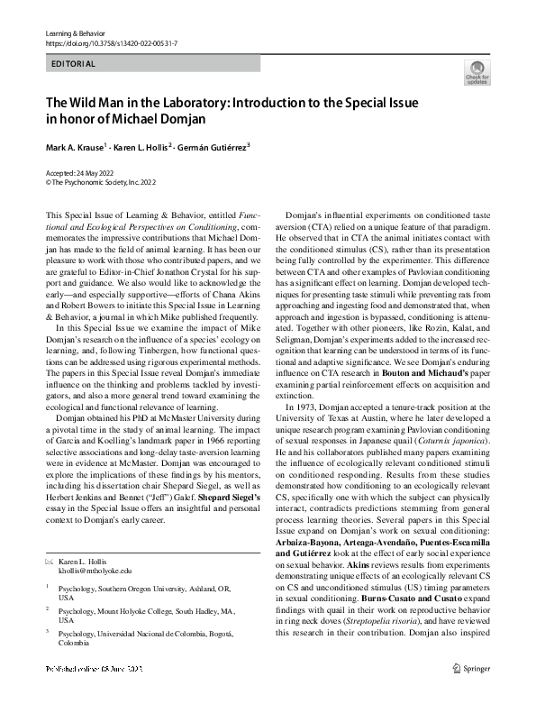 (PDF) The Wild Man in the Laboratory: Introduction to the Special Issue in honor of Michael Domjan