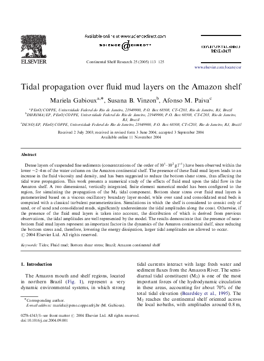 (PDF) Tidal propagation over fluid mud layers on the Amazon shelf | Mariela Gabioux - Academia.edu