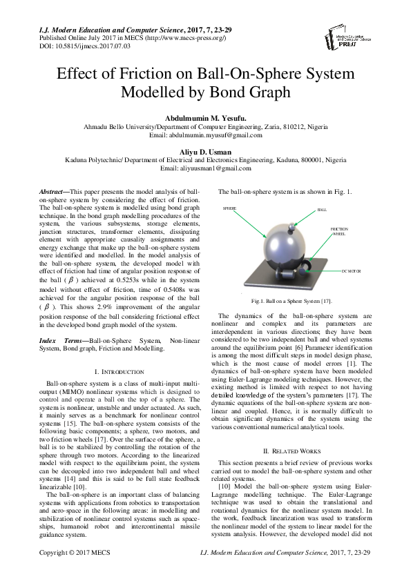 (PDF) Effect of Friction on Ball-On-Sphere System Modelled by Bond Graph