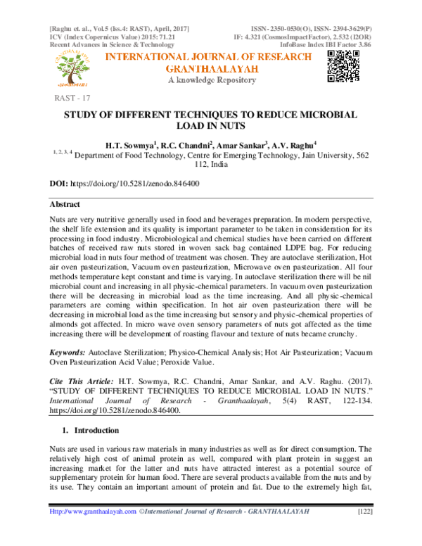 (PDF) Study Of Different Techniques To Reduce Microbial Load In Nuts