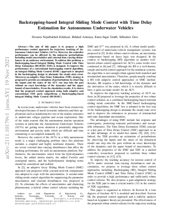 Pdf Backstepping Based Integral Sliding Mode Control With Time Delay Estimation For Autonomous