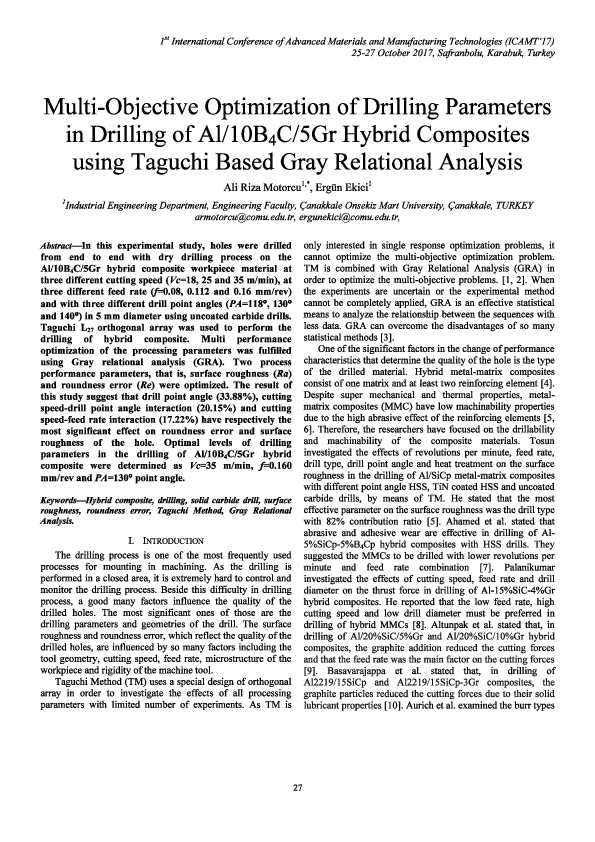 Pdf Multi Objective Optimization Of Drilling Parameters In Drilling Of Al 10b4c 5gr Hybrid