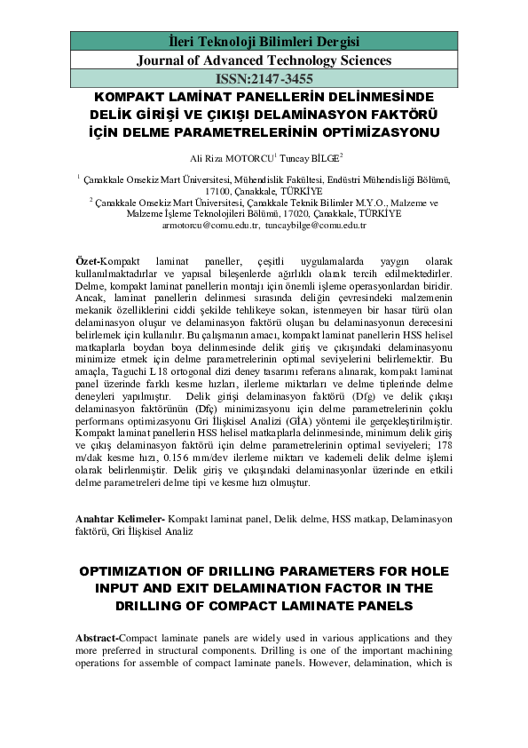 Pdf Optimization Of Drilling Parameters For Hole Input And Exit