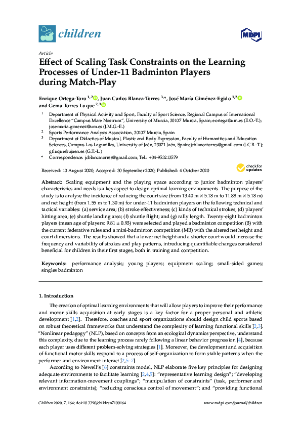 (PDF) Effect of Scaling Task Constraints on the Learning Processes of Under-11 Badminton Players ...