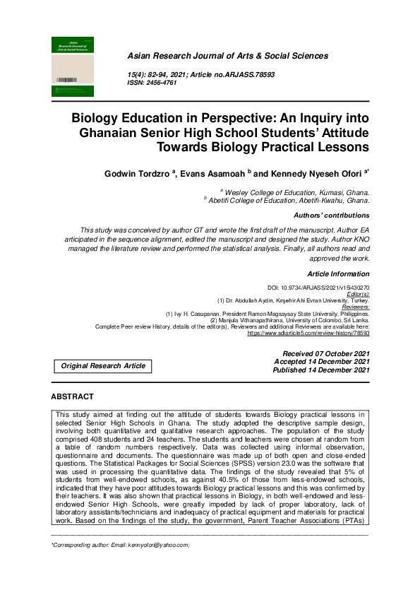 (PDF) Biology Education in Perspective: An Inquiry into Ghanaian Senior ...