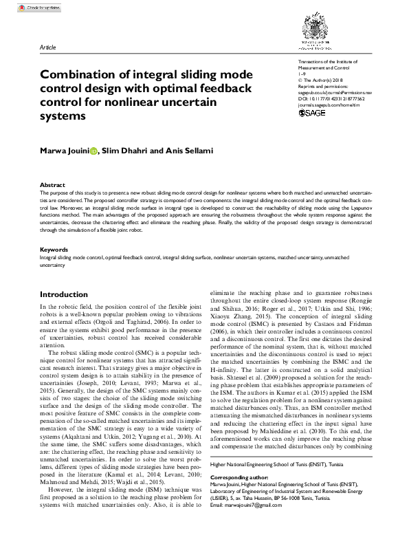 (PDF) Combination of integral sliding mode control design with optimal feedback control for ...