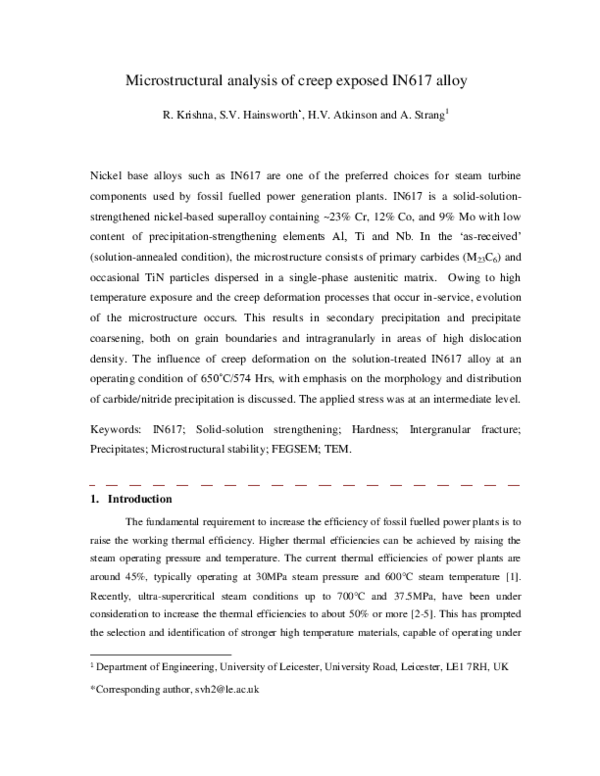 (PDF) Microstructural analysis of creep exposed IN617 alloy