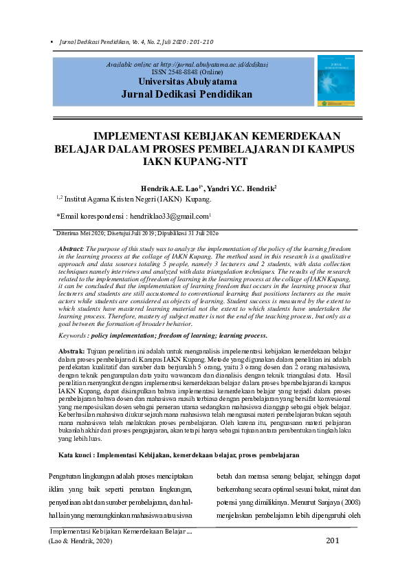 (PDF) Implementasi Kebijakan Kemerdekaan Belajar Dalam Proses Pembelajaran DI Kampus Iakn Kupang-NTT