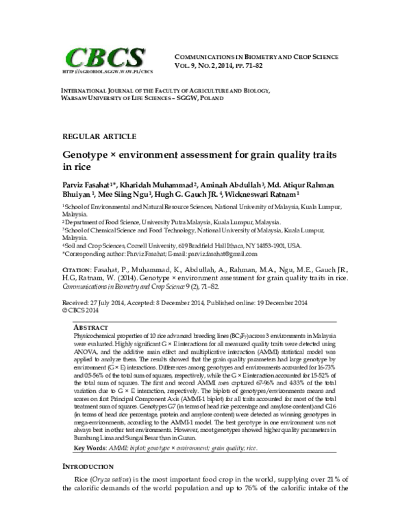 (PDF) Genotype × environment assessment for grain qualitytraits in rice
