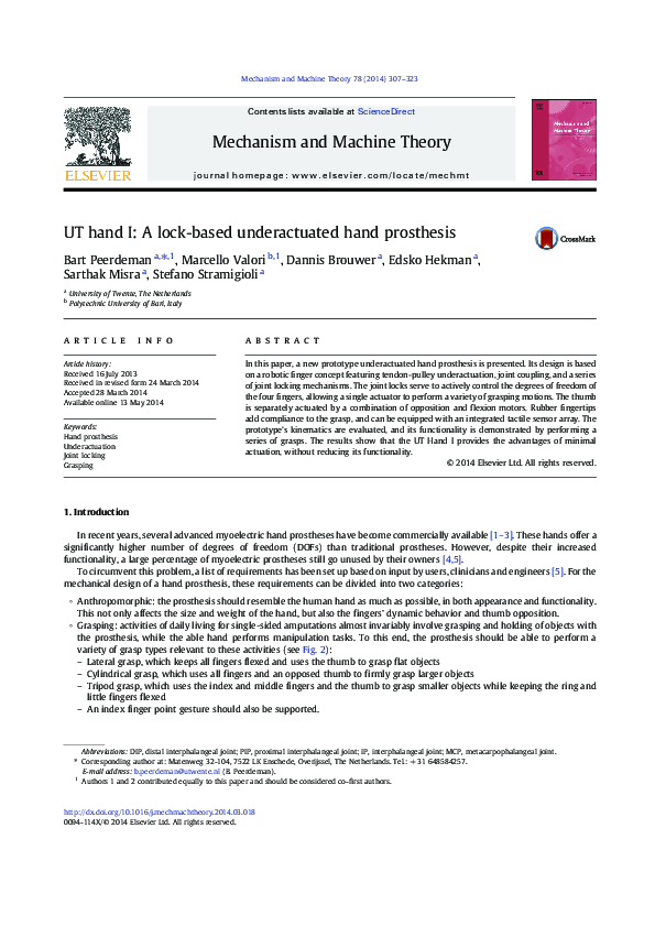 (PDF) UT hand I: A lock-based underactuated hand prosthesis