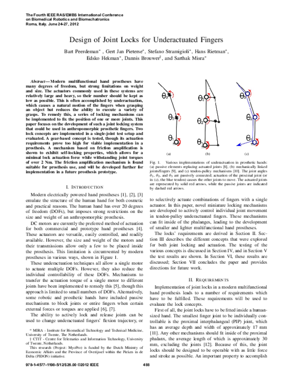 (PDF) Design of joint locks for underactuated fingers