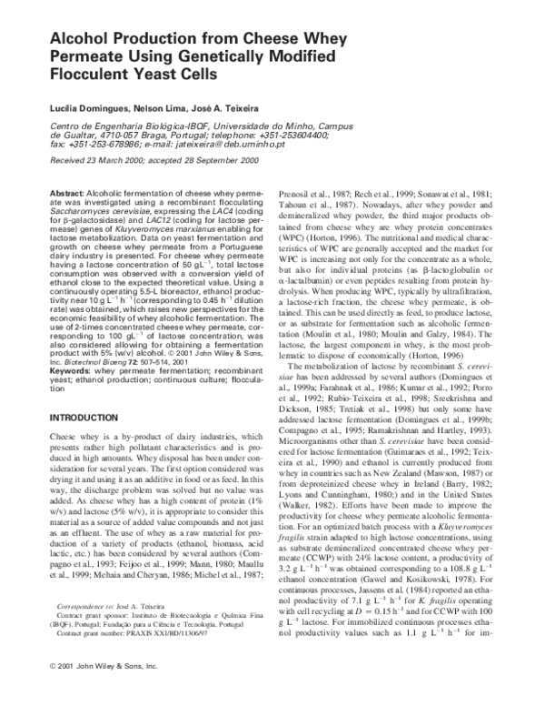 (PDF) Alcohol production from cheese whey permeate using genetically ...