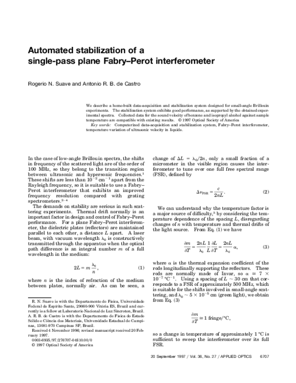 (PDF) Automated stabilization of a single-pass plane Fabry-Perot interferometer
