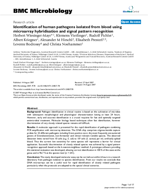(PDF) Identification of human pathogens isolated from blood using microarray hybridisation and ...