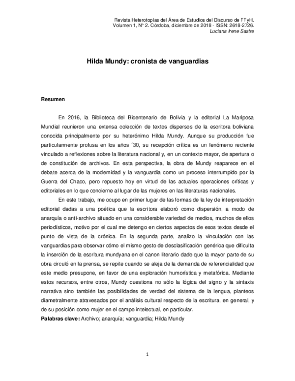 (PDF) Hilda Mundy: cronista de vanguardias