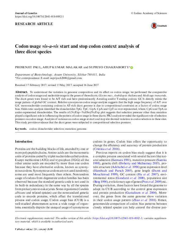 (PDF) Codon usage vis-a-vis start and stop codon context analysis of three dicot species
