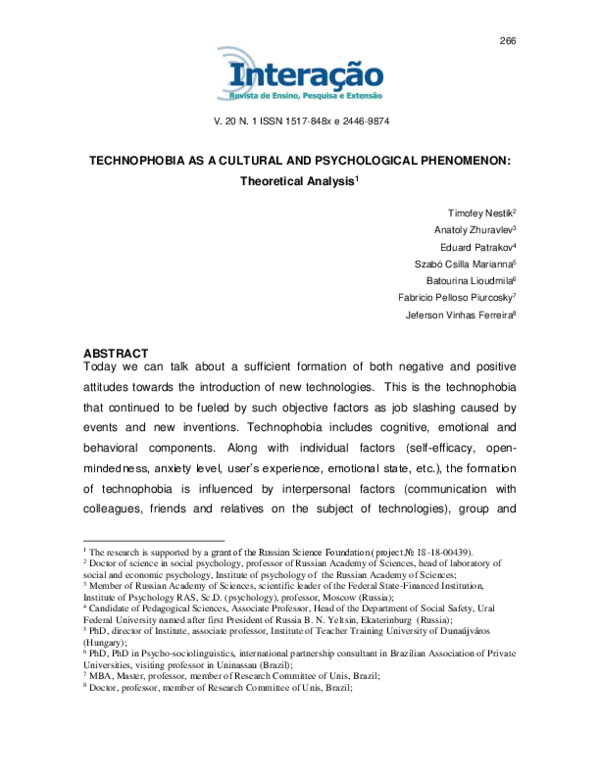 (PDF) Technophobia as a Cultural and Psychological Phenomenon