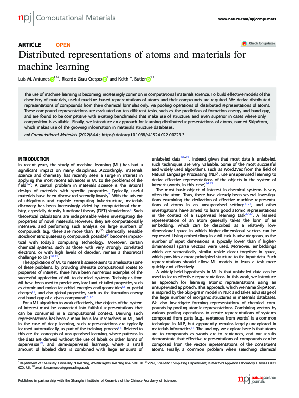 (PDF) Distributed representations of atoms and materials for machine ...