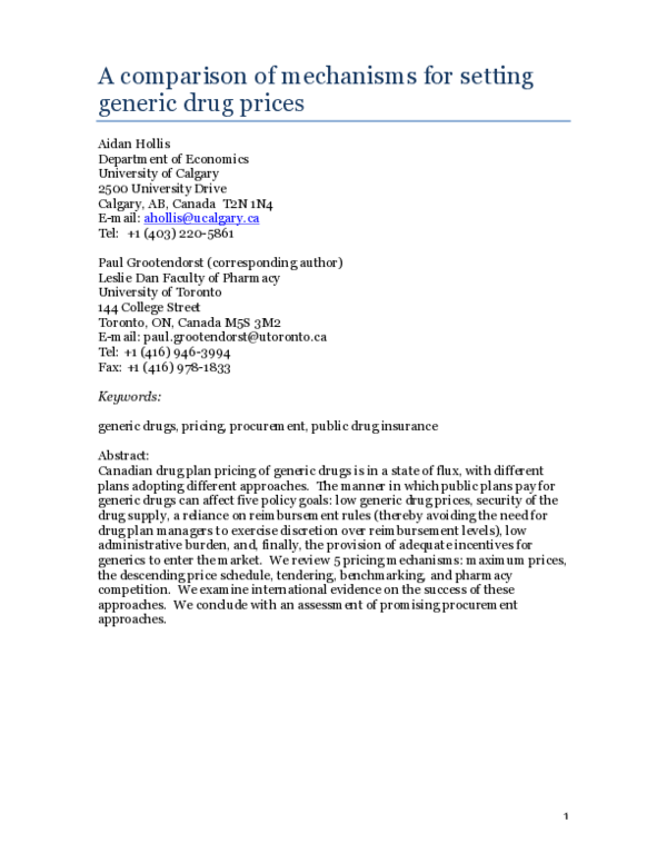 (PDF) A comparison of mechanisms for setting generic drug prices in Canada