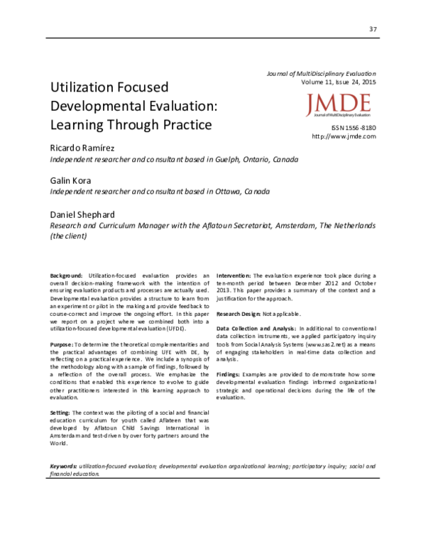 (PDF) Utilization Focused Developmental Evaluation: Learning Through ...