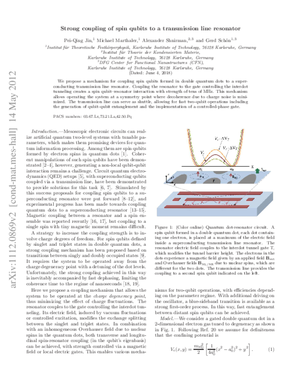 (PDF) Strong Coupling of Spin Qubits to a Transmission Line Resonator