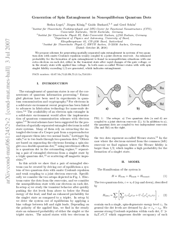 (PDF) Generation of spin entanglement in nonequilibrium quantum dots