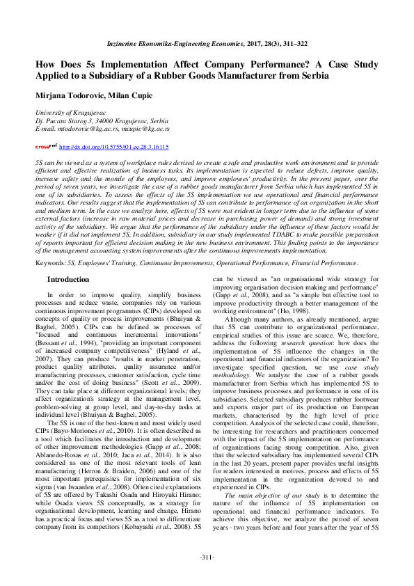 (PDF) How Does 5s Implementation Affect Company Performance? A Case Study Applied to a ...