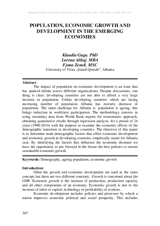 (PDF) Population, Economic Growth and Development in the Emerging Economies