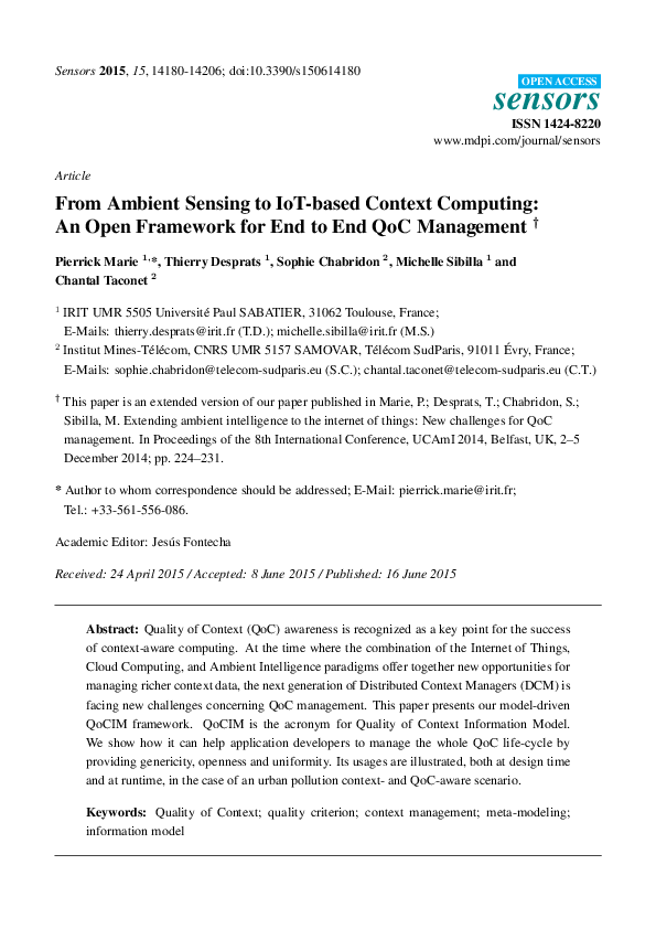 (PDF) From Ambient Sensing to IoT-based Context Computing: An Open Framework for End to End QoC ...