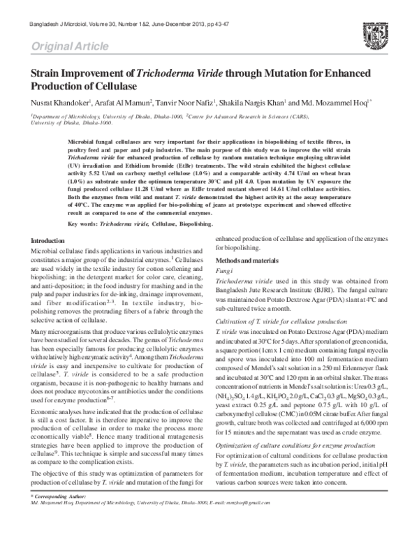 Pdf Strain Improvement Of Trichoderma Viride Through Mutation For Enhanced Production Of