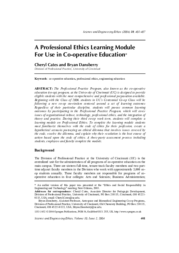(PDF) A professional ethics learning module for use in co-operative ...