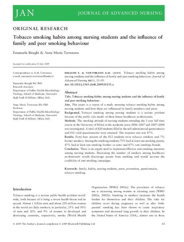 (PDF) Tobacco smoking habits among nursing students and the influence ...