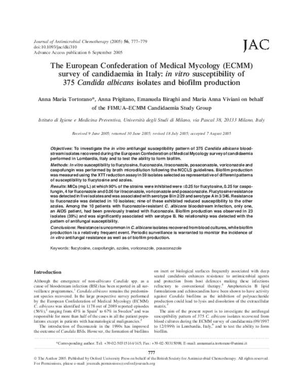 (PDF) The European Confederation of Medical Mycology (ECMM) survey of candidaemia in Italy: in ...