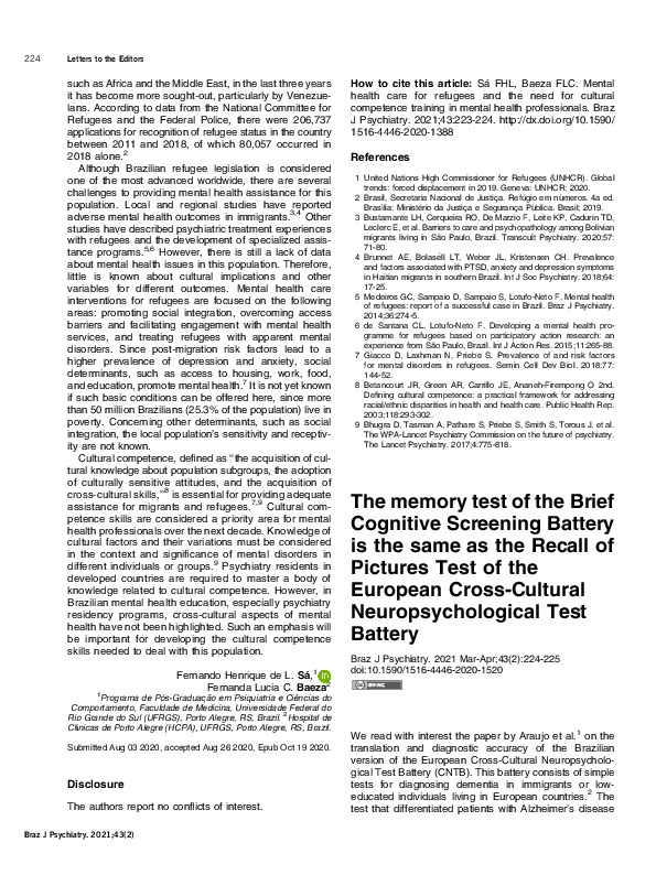 (PDF) The memory test of the Brief Cognitive Screening Battery is the ...